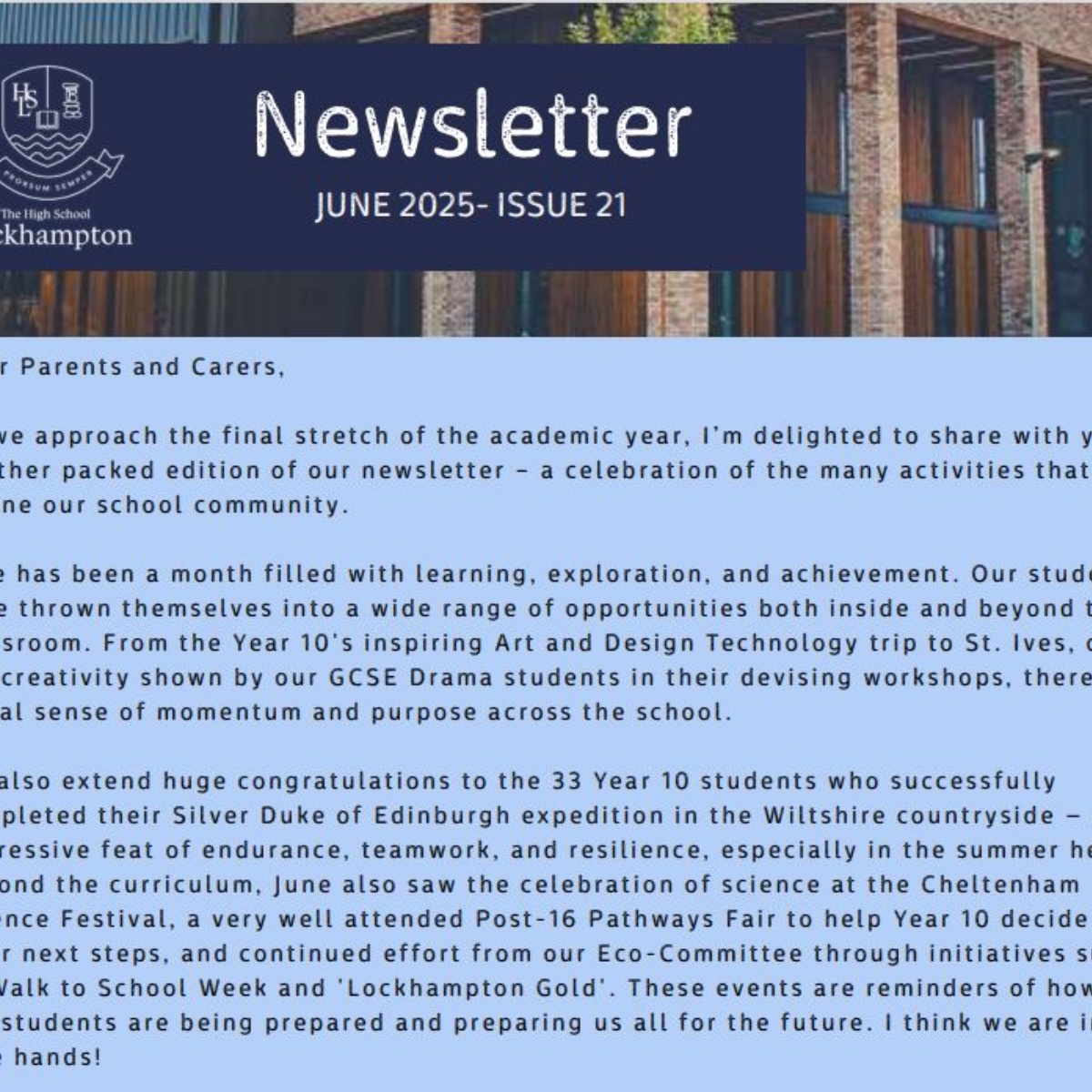 The High School Leckhampton - Newsletter - June 2025